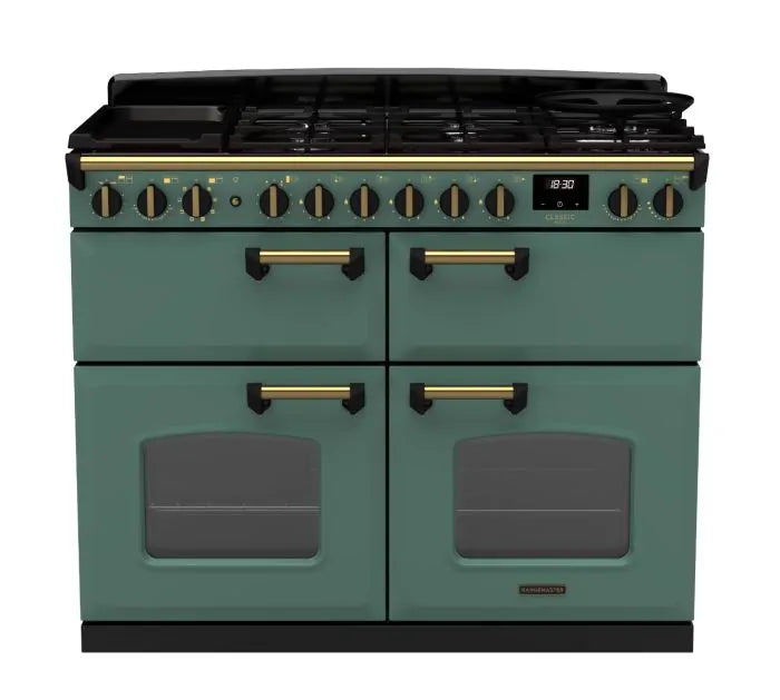 Rangemaster Classic Deluxe Bc 110 Dual Fuel Mineral Green with Antique ...